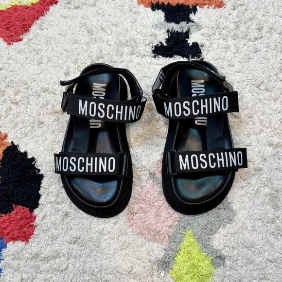 Moschino | Shoes | Moschino Chunky Black Leather Platform Logo Sandals ...